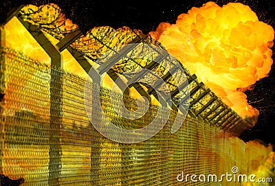 Realistic Orange Fire Explosion Behind Restricted Area Barbed Wire ...