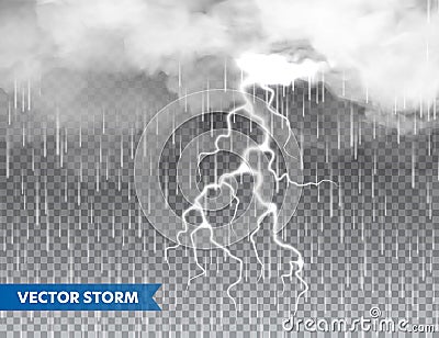Realistic Rain With Clouds And Lightning On Transparent Background ...
