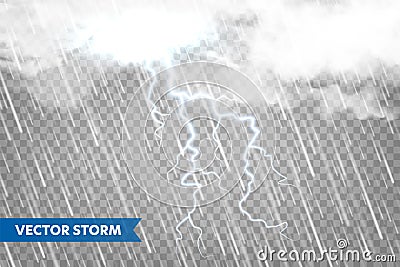 Realistic Rain With Clouds And Lightning On Transparent Background ...