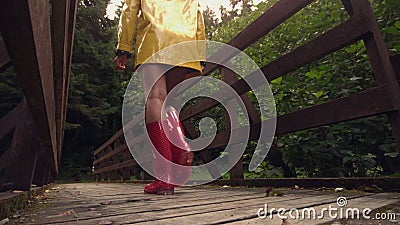 Rear View of Brunette Walking Over Wooden Bridge Stock Video - Video of ...