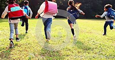 Rear View of Elementary School Kids Running on the Grass Stock Video ...