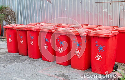 Red Bins Group With Symbol Infectious In The Outdoors Keep Clean From ...