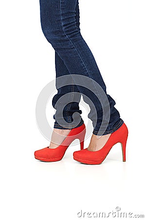 Red High Heel Shoes And Jeans Royalty Free Stock Photos - Image: 26973558