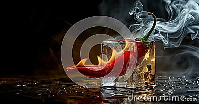 Red Hot Chilli Pepper In Flames Embedded In A Frozen Ice Cube On A Dark ...