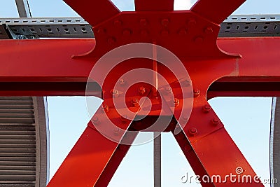 Red Iron Beams Bolted. Asymmetrical Connection Of Several Iron Beams ...