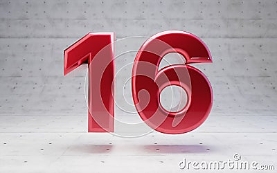 Red Number 16. Metallic Red Color Digit Isolated On Concrete Background ...