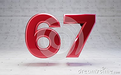 Red Number 67. Metallic Red Color Digit Isolated On Concrete Background ...