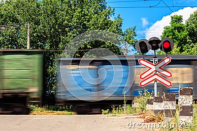 Red Signal Of Semaphore And Stop Sign In Front Of Railroad Crossing ...
