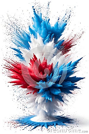 Red, White, And Blue Powder Explosion On White Background. Dynamic ...