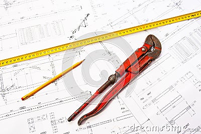 Red Wrench On Blueprints Royalty-Free Stock Photo | CartoonDealer.com ...