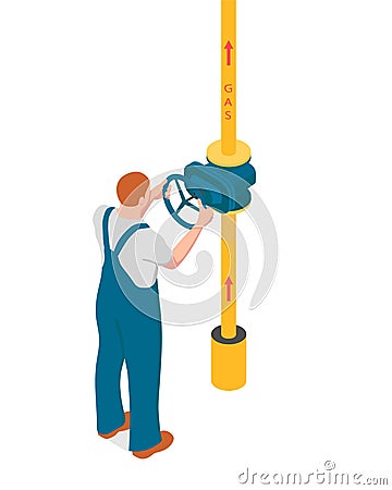 A Man Is Turning The Valve Gas Pipe. Vector Illustration ...