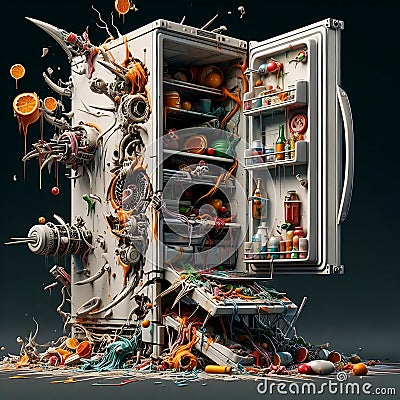 A Refrigerator With Food Exploding, Abstract Explosion Concept Stock ...