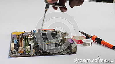 Repair Computer Mainboard by Using a Soldering Iron. Stock Footage ...