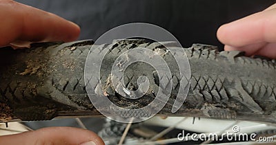 Repairer Repairs a Punctured Bicycle Tire Stock Footage - Video of city ...