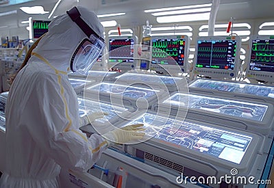 Researchers In PPE Suits In A High-tech Lab With Multiple Computer ...