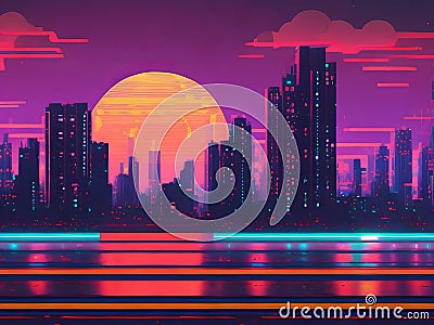 Retro Cityscape With Synth Waves In The Backdrop. Royalty-Free Stock ...