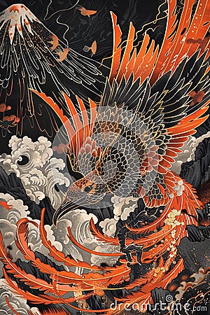 Retro Japanese Pulp Poster Of Volcano, With Stunning Patterned Feathers ...