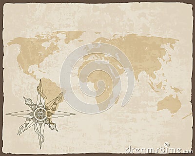 Retro Nautical Compass On Old Paper Texture World Map With Torn Border ...