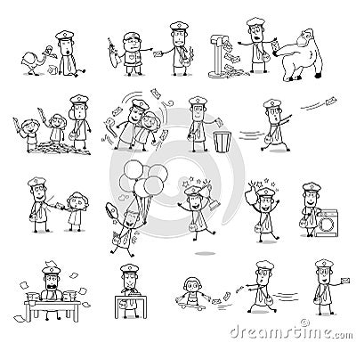 Retro Sketching Of Comic Postman - Set Of Concepts Vector Illustrations ...