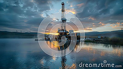 Rig Silhouette At Sunset: The Pulse Of Industrial Prowess. Concept ...