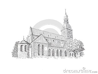 Riga Dome Cathedral Black And White Drawing Sketch Royalty-Free Stock ...