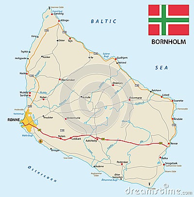 Road Map Of The Danish Iseland Bornholm In The Baltic Sea With Flag ...