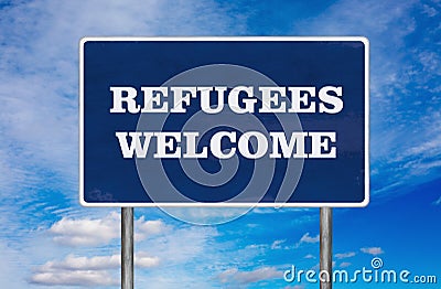 The Road Sign With Refugees Welcome Sign Stock Illustration - Image ...