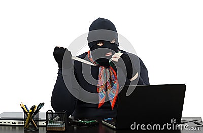 Robber In Balaclava With Knife Talking On The Cell Phone Stock Photo ...