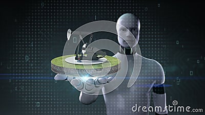 Robot Cyborg Open Palm, Oil Drilling.oil Drum on Cycle Ground. Stock ...