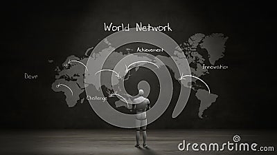 Robot Cyborg Standing World Map, Handwriting `World Network`, Using ...