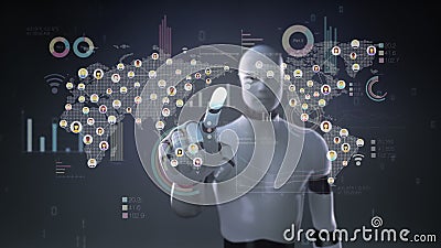 Robot Cyborg Touching Connected People, Using Communication Technology ...