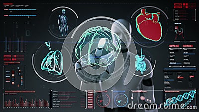 Robot, Cyborg Touching Digital Screen, Scanning Brain, Heart, Lungs ...