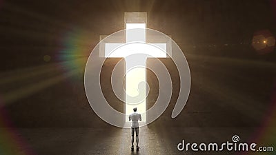 Robot, Cyborg Walking through Shape of Cross on the Black Wall. Stock ...