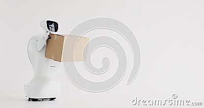 Humanoid Autonomous Robot with Cardboard Box in Hand. Cybernetic System ...