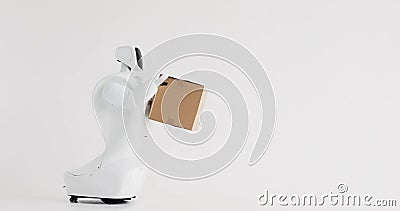 Humanoid Autonomous Robot with Cardboard Box in Hand. Cybernetic System ...