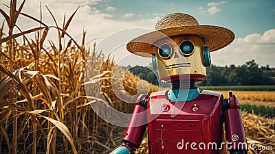 Robot Farmer In Straw Hat. Mechanical Cybernetic Machine In Wheat Field ...