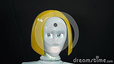 Robot Girl with Realistic Head and Face. Camera in the Forehead and ...
