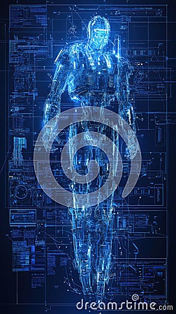 Robot Standing In Front Of A Detailed Technical Blueprint Background ...