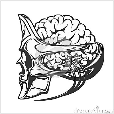Robotic Alien With A Big Brain In Skull Helmet. Vector Illustration ...