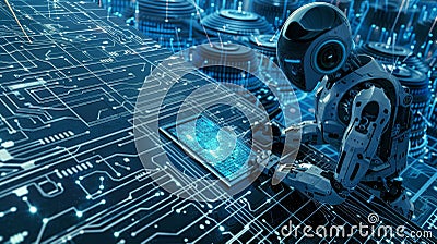 A Robotic Arm Writing On A Chip Surface Amidst Modern Microelectronics ...