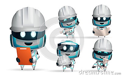 Robots Character Vector Set Design. Robot Ai Characters With Hard Hat And Blueprint Layout ...
