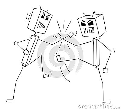 Robots Fighting, Vector Cartoon Stick Figure Illustration ...
