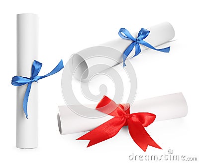 Rolled Student`s Diplomas With Blue And Red Ribbons On White Background ...