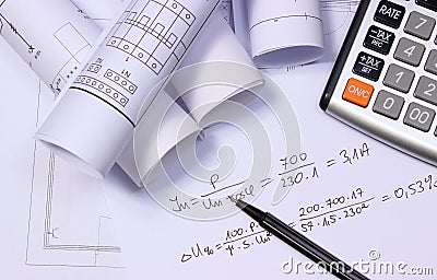 Rolls Of Electrical Diagrams, Calculator And Mathematical Calculations ...