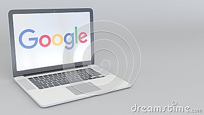 Rotating Opening and Closing Laptop with Google Logo. Computer ...