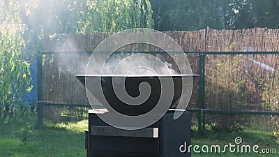 Round Black Modern Grill . Round Table-cooking Surface. Steam Comes Out ...