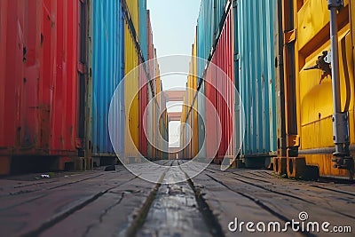 Row Of Colored Cargo Containers On Both Sides On A Sunny Day, Cargo ...