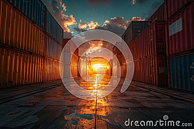 Row Of Colored Cargo Containers On Both Sides At Sunset, Cargo ...