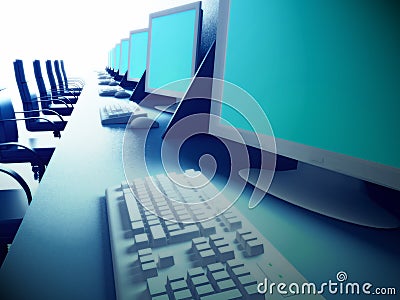 Row Of Computers On Desk Royalty Free Stock Images - Image: 13761389