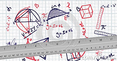 Ruler Against Mathematical Equations And Diagrams On Square Lined Paper ...